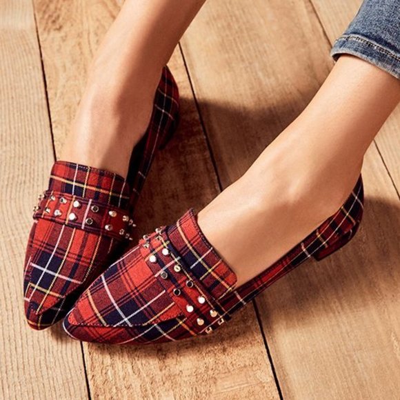 JustFab | Shoes | Justfab Red Plaid Neve Loafers With Rivets For Trendy ...